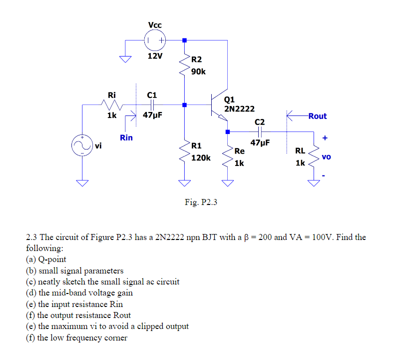 Solved Vcc + 12V R2 90k Ri c1 HE 47PF 1k Q1 2N2222 C2 Rout | Chegg.com