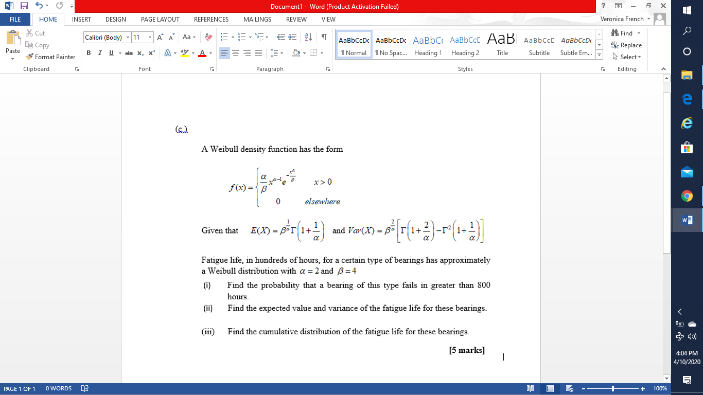 Solved X Document1 - Word (Product Activation Failed) | Chegg.com