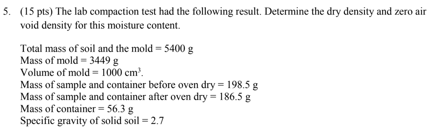 Solved 5. (15 pts) The lab compaction test had the following | Chegg.com