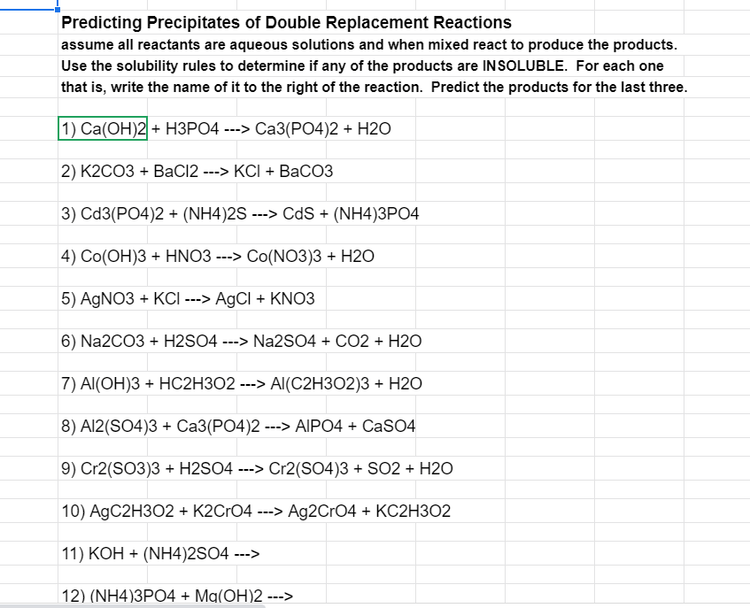 Solved Predicting Precipitates of Double Replacement | Chegg.com