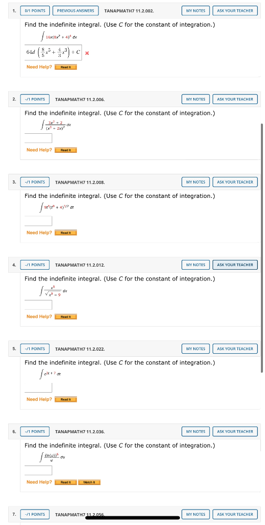 Solved 0/1 POINTS | PREVIOUS ANSWERS TANAPMATH7 11.2.002. MY | Chegg.com