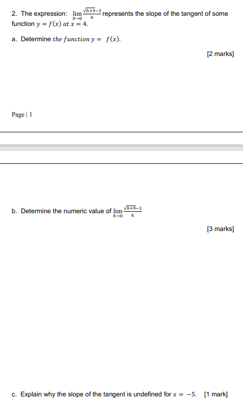 Solved vh+9-3 +0 2. The expression: lim represents the slope | Chegg.com
