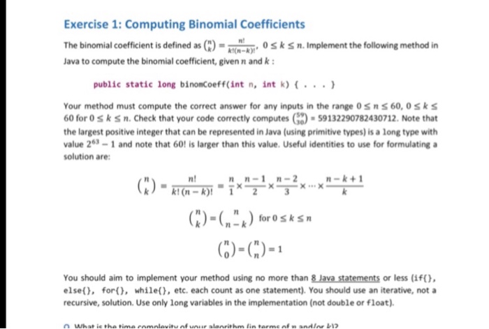 Solved Exercise 1: Computing Binomial Coefficients nt The | Chegg.com