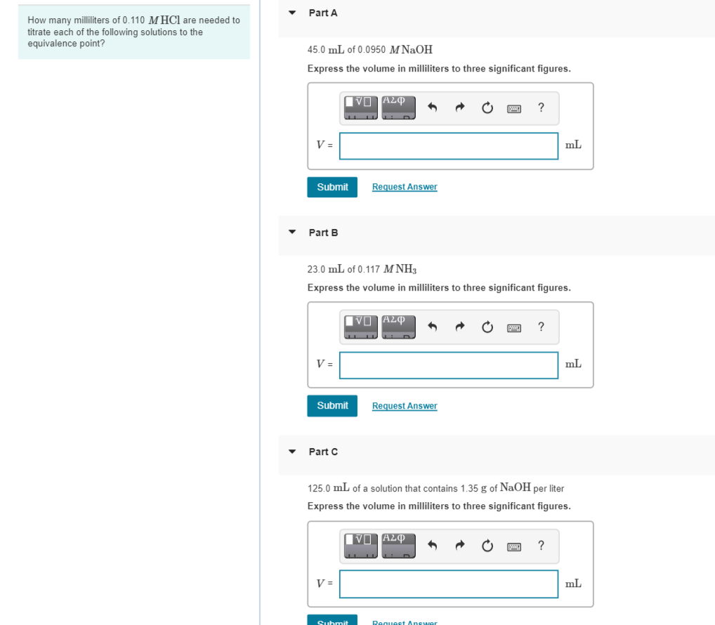 Solved Part A How many milliliters of 0.110 M HCl are needed | Chegg.com