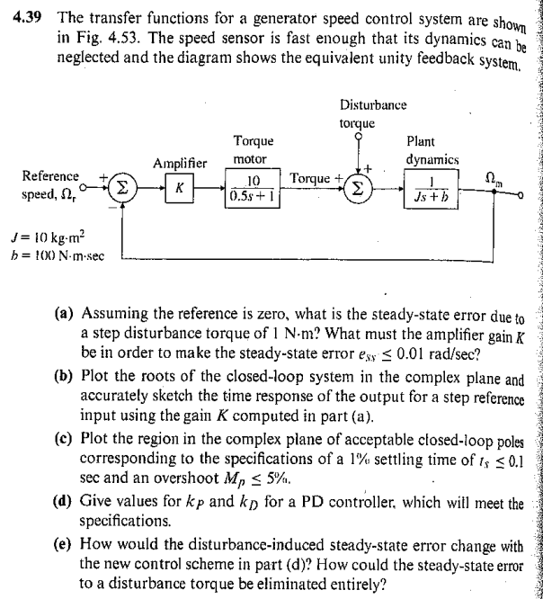 4.39 The transfer functions for a generator speed | Chegg.com