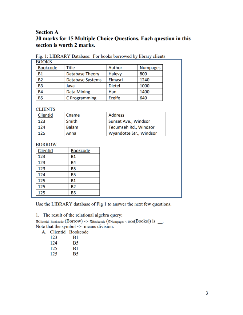 Solved Section A 30 marks for 15 Multiple Choice Questions. | Chegg.com