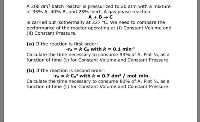 Solved A 200 dm3 batch reactor is pressurized to 20 atm with | Chegg.com