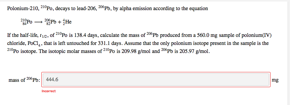 Solved Polonium-210, 210Po, decays to lead-206, 206Pb, by | Chegg.com