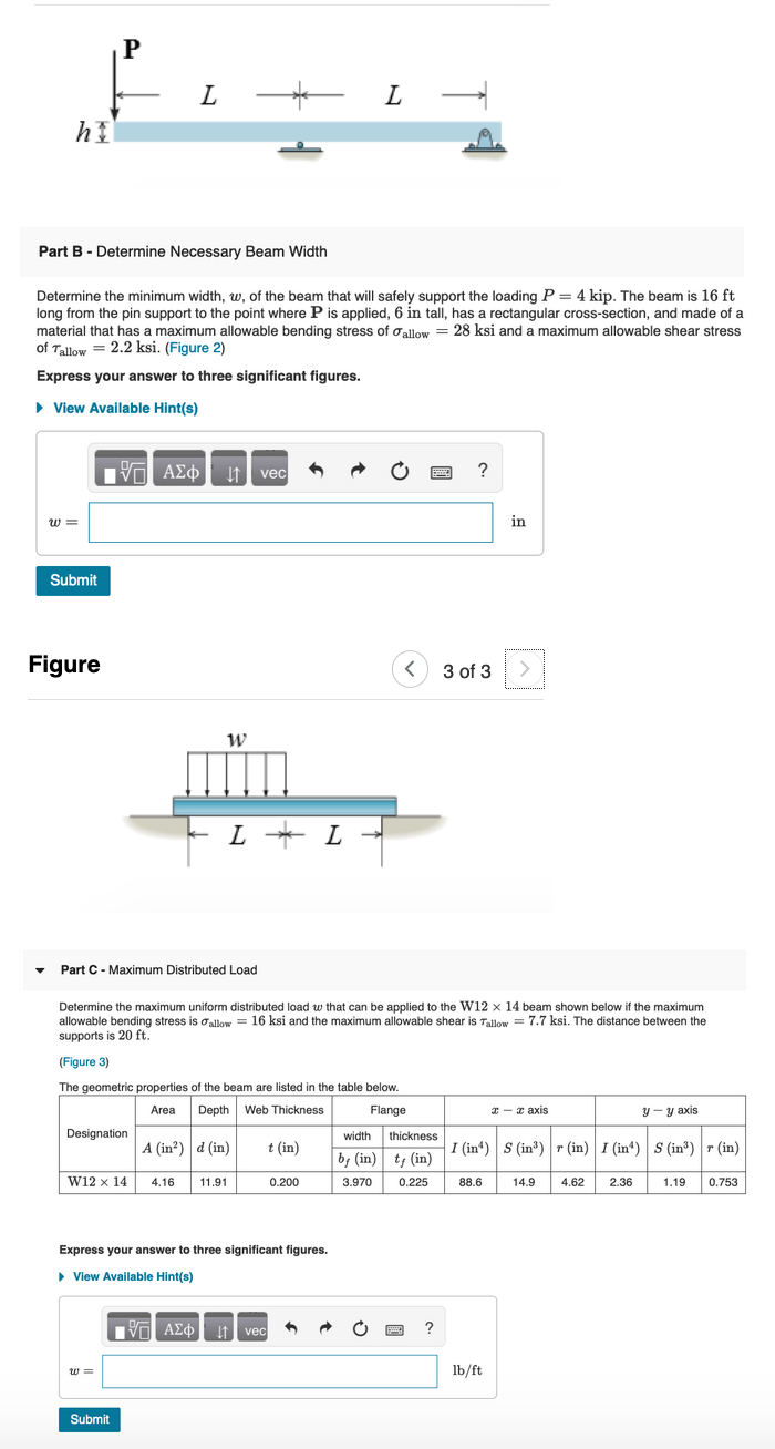 Solved 1 * L Part B - Determine Necessary Beam Width | Chegg.com