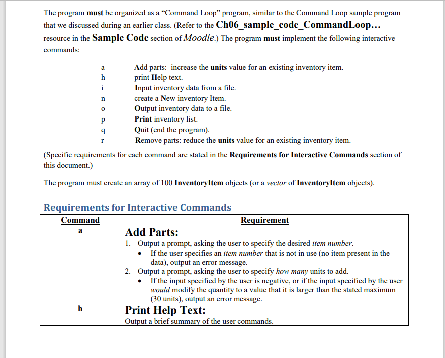 Solved The program must be organized as a "Command Loop" | Chegg.com