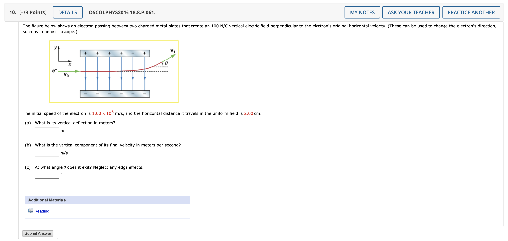 Solved 10. [-/3 Points) DETAILS OSCOLPHYS2016 18.8.P.061. MY | Chegg.com Solved 10. [-/3 Points) DETAILS OSCOLPHYS2016 18.8.P.061. MY | Chegg.com
