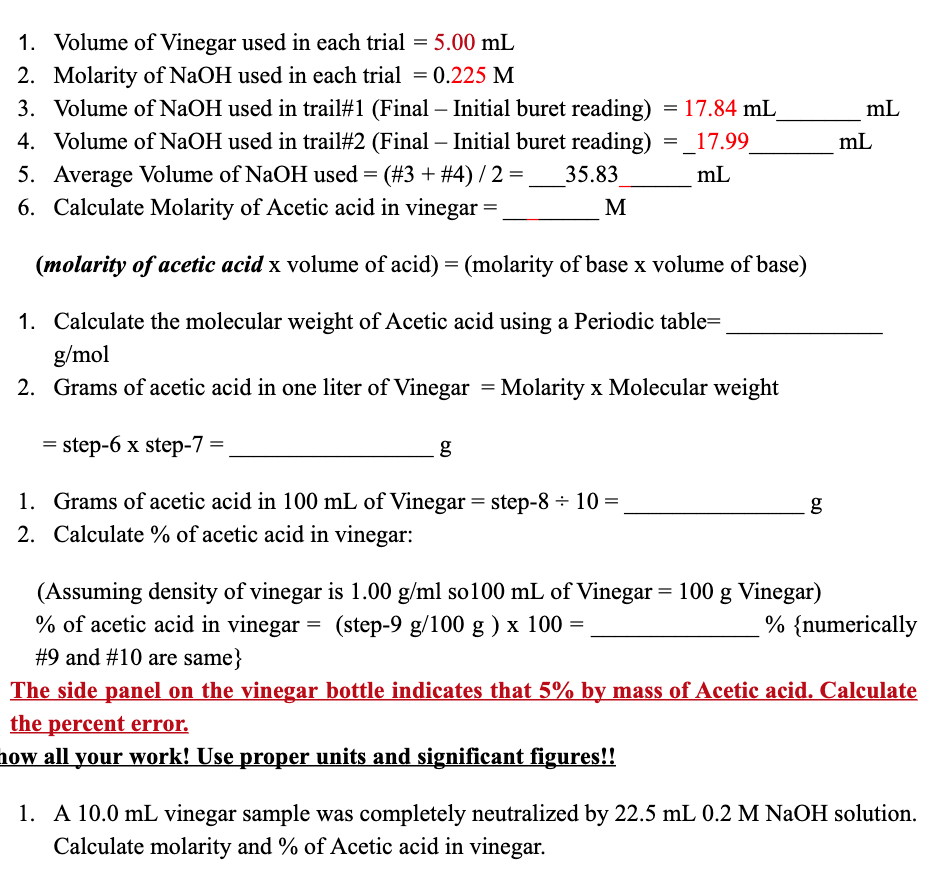 Solved mL 1. Volume of Vinegar used in each trial = 5.00 mL | Chegg.com