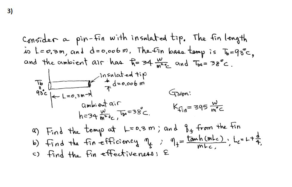 Solved 3) consider pin- fin with insulated tip. The fin | Chegg.com