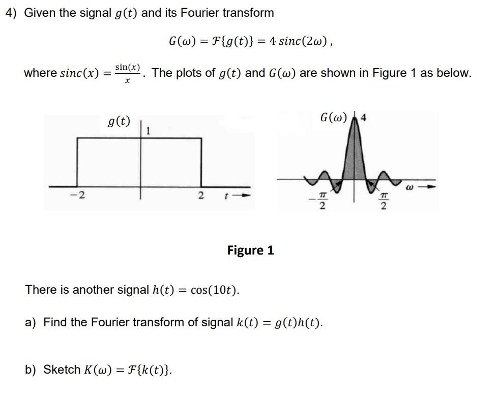 Solved 4) Given the signal g(t) and its Fourier transform | Chegg.com
