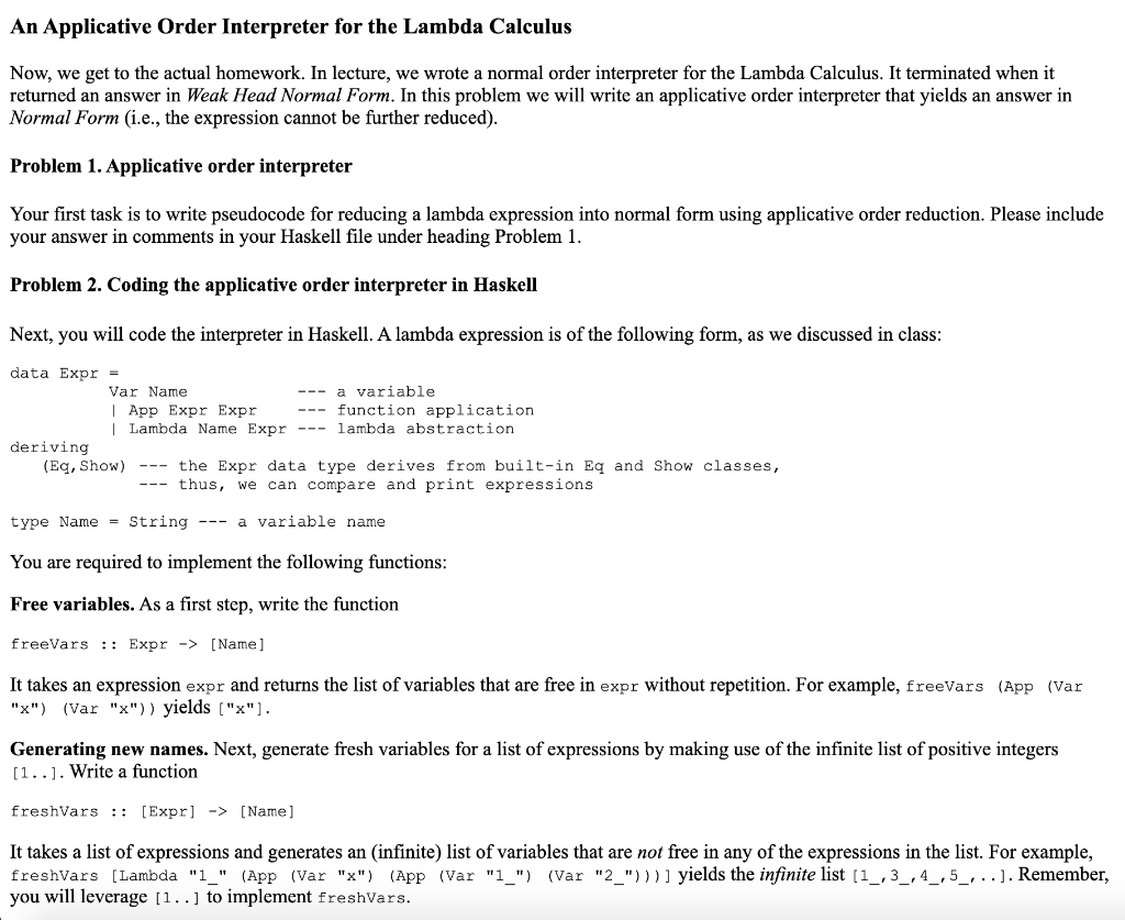 An Applicative Order Interpreter for the Lambda | Chegg.com