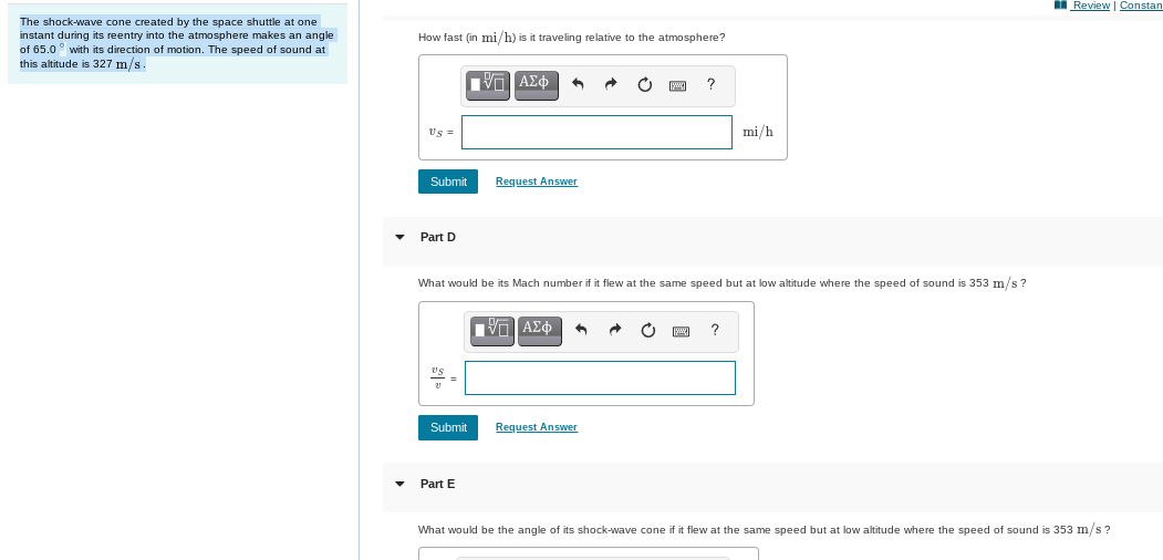 Solved 1 Review Constar The shock-wave cone created by the | Chegg.com