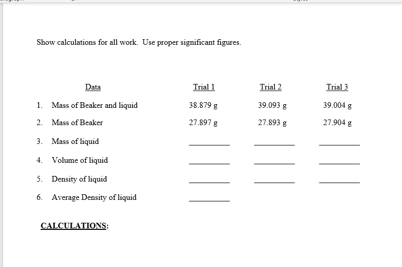 Solved LIQUID DENSITY Show calculations for all work. Use | Chegg.com