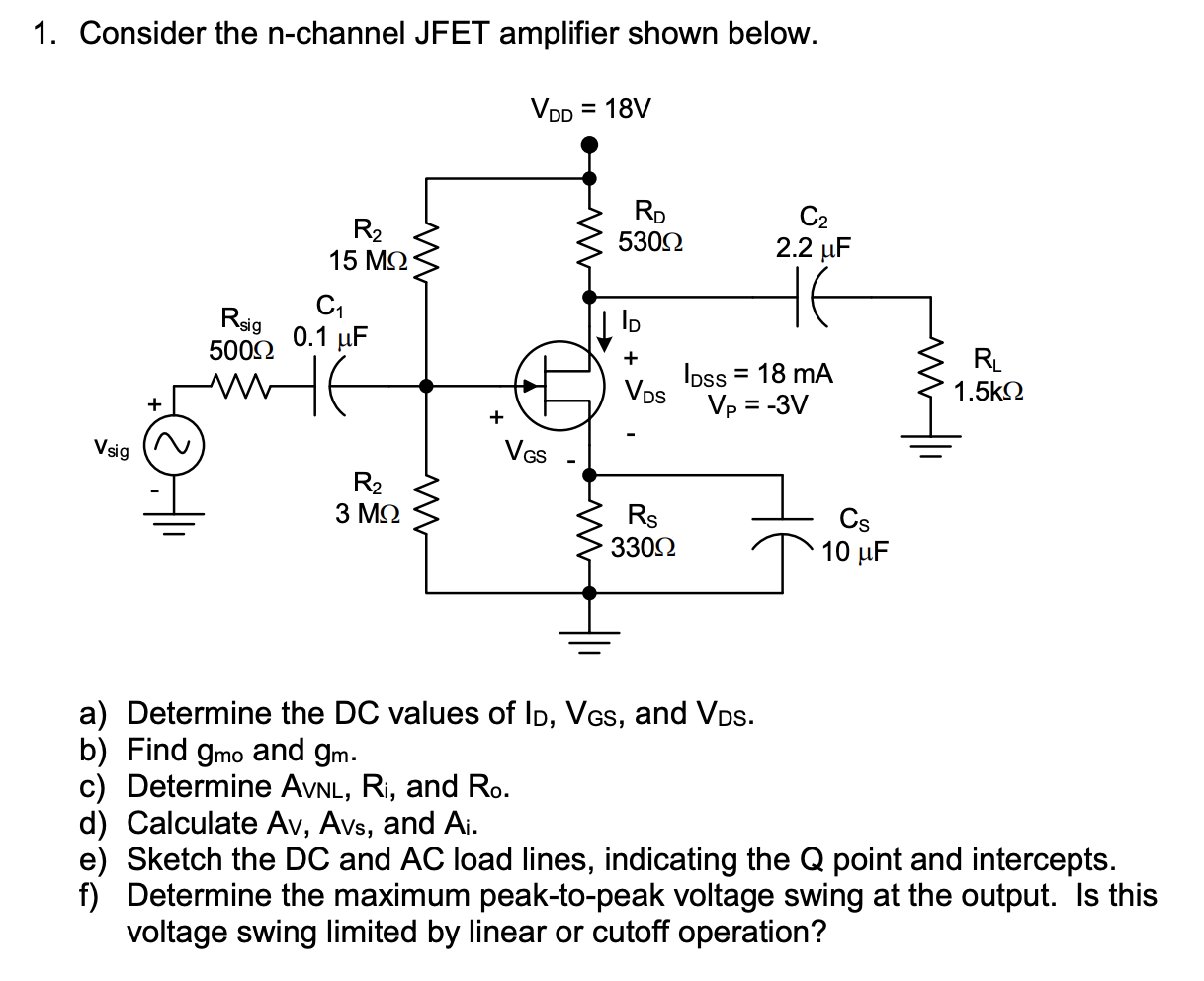 Solved 1. Consider the n-channel JFET amplifier shown below. | Chegg.com
