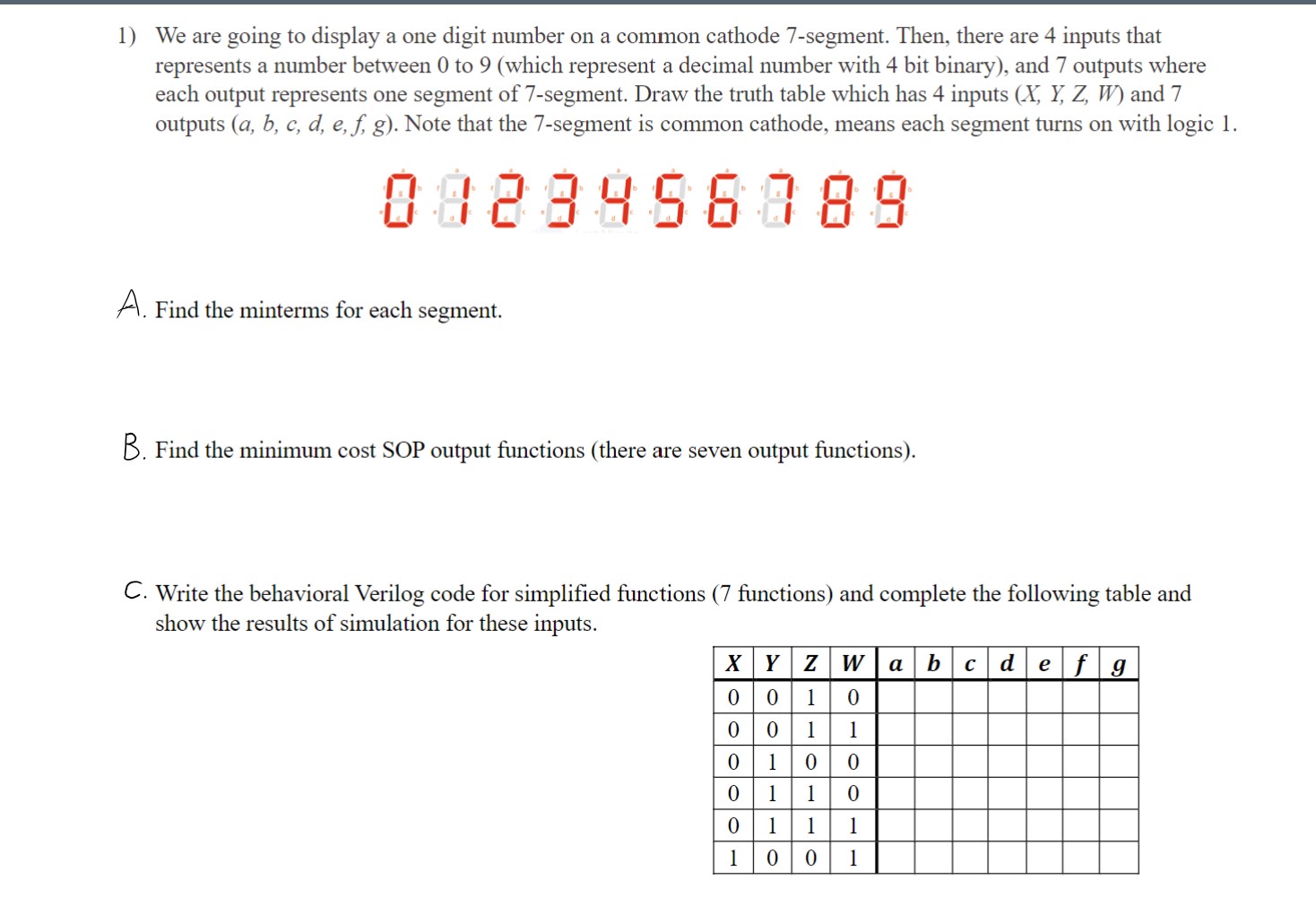 Solved 1) We are going to display a one digit number on a | Chegg.com