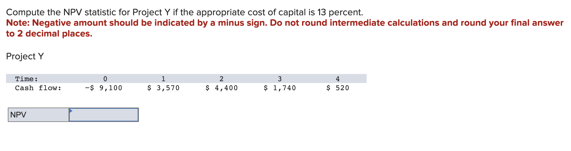Solved Compute the NPV statistic for Project Y if the | Chegg.com