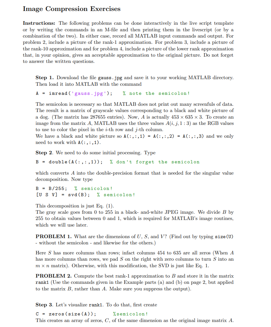 MAT 343 Laboratory 6 The SVD Decomposition and Image | Chegg.com