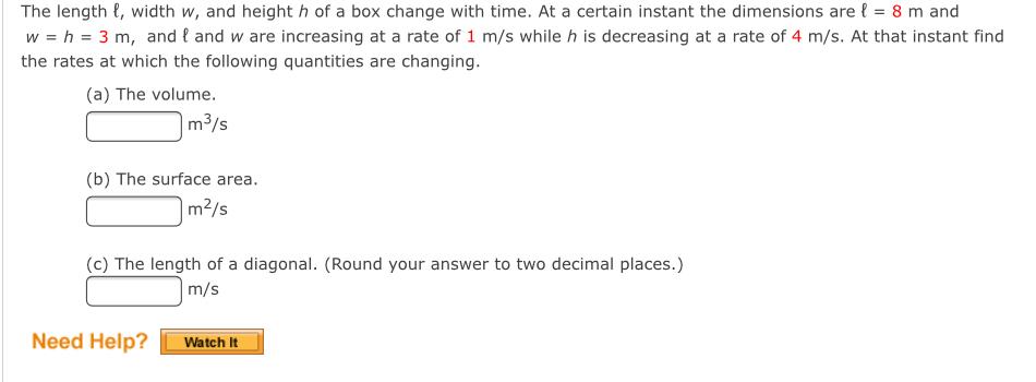 Solved The length l, width w, and height h of a box change | Chegg.com
