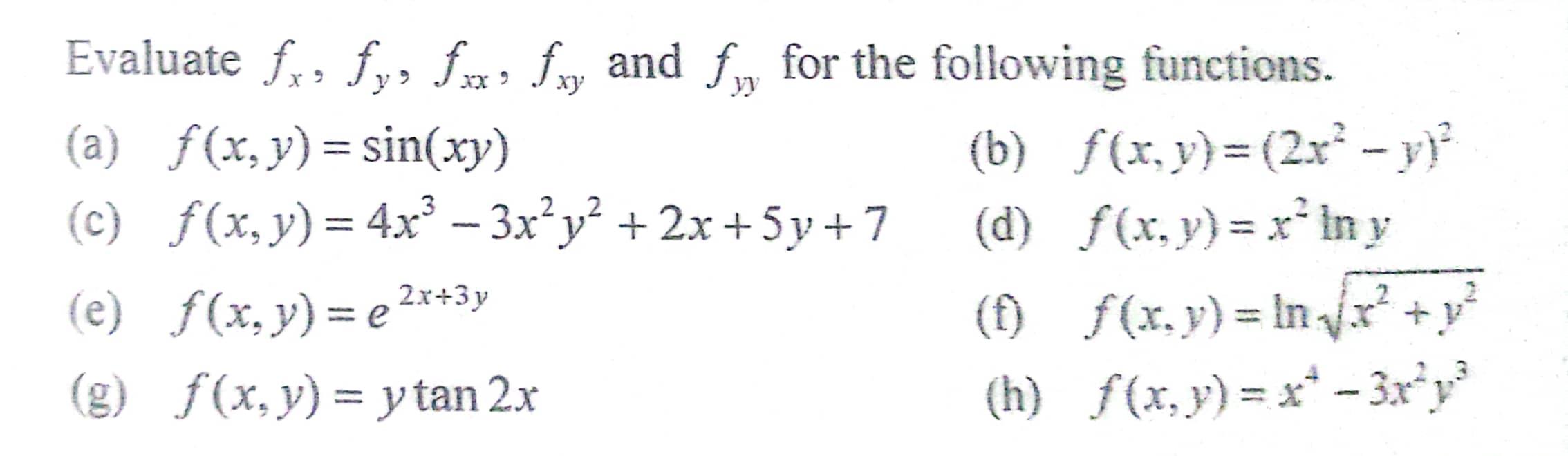 Solved уу a 2 Evaluate fro fy, fxx, fxy and fy for the | Chegg.com