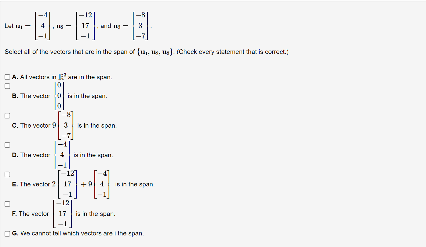 Solved Let u1=⎣⎡−44−1⎦⎤,u2=⎣⎡−1217−1⎦⎤, and u3=⎣⎡−83−7⎦⎤ | Chegg.com