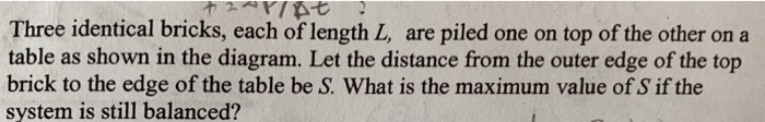 Solved Three identical bricks, each of length L, are piled | Chegg.com