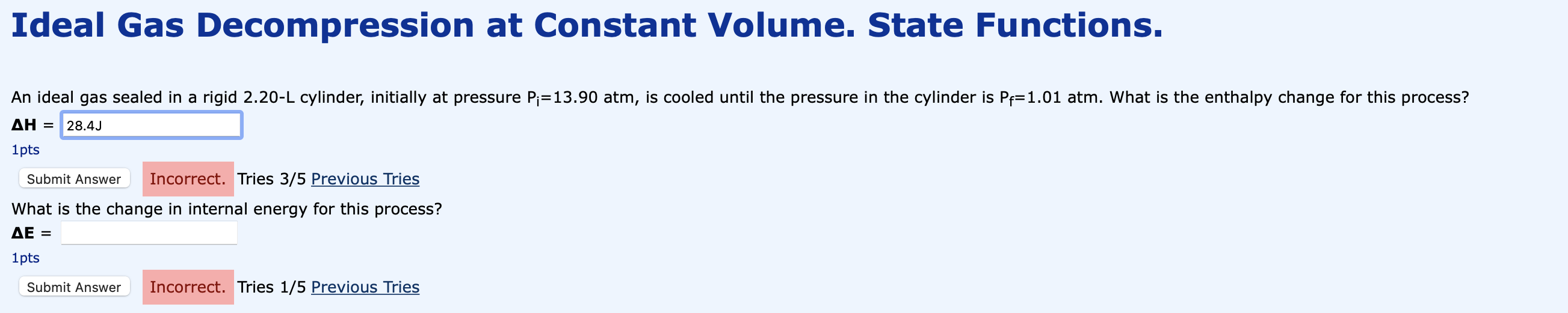 Solved Ideal Gas Decompression at Constant Volume. State | Chegg.com
