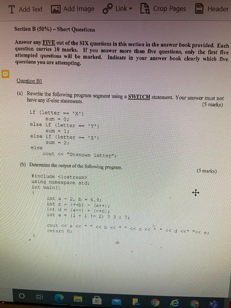 Solved T Add Text Add Image Link Crop Pages Header Section B | Chegg.com