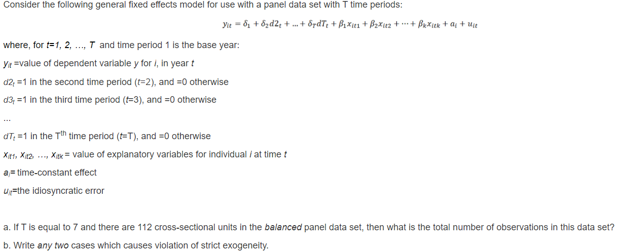 Solved Consider the following general fixed effects model | Chegg.com