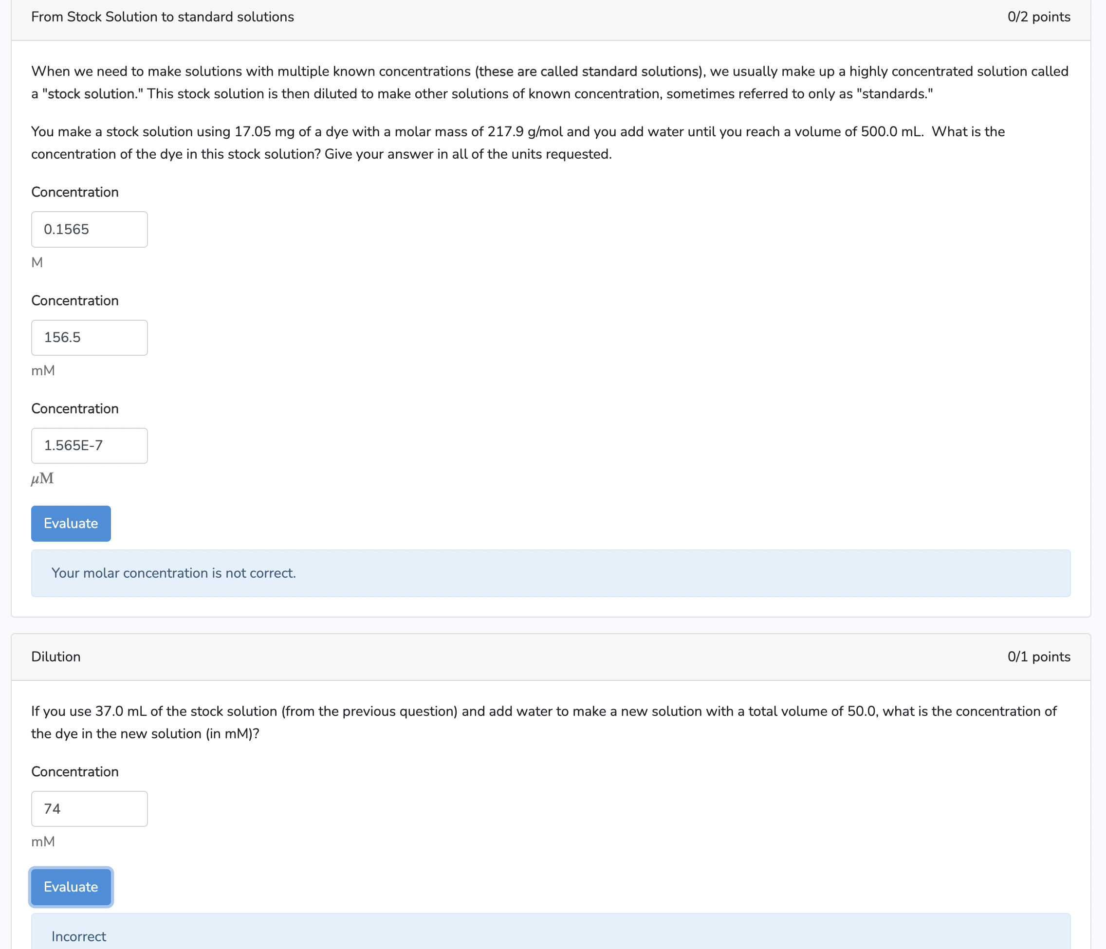 Solved From Stock Solution to standard solutions 0/2 point | Chegg.com