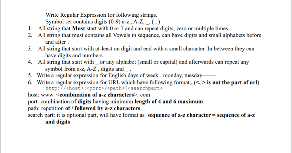 Solved Write Regular Expression for following strings. | Chegg.com