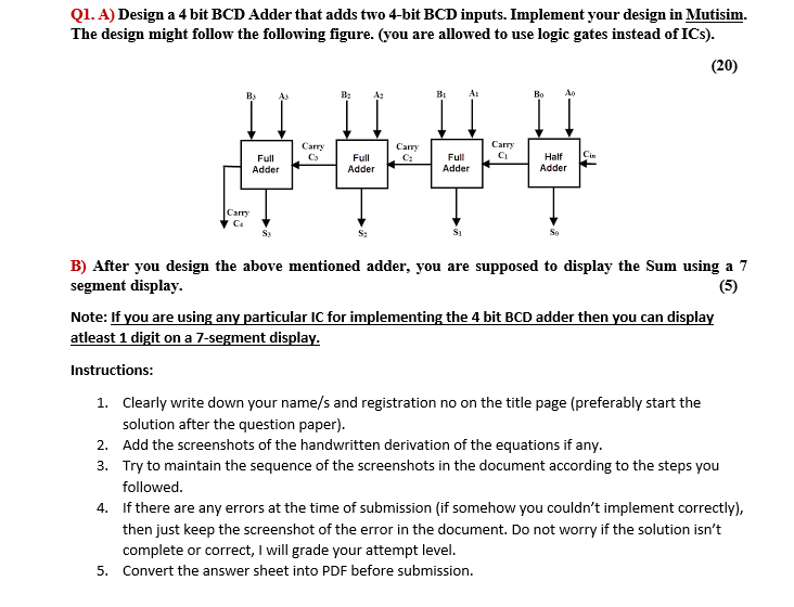 Solved Q1. A) Design a 4 bit BCD Adder that adds two 4-bit | Chegg.com