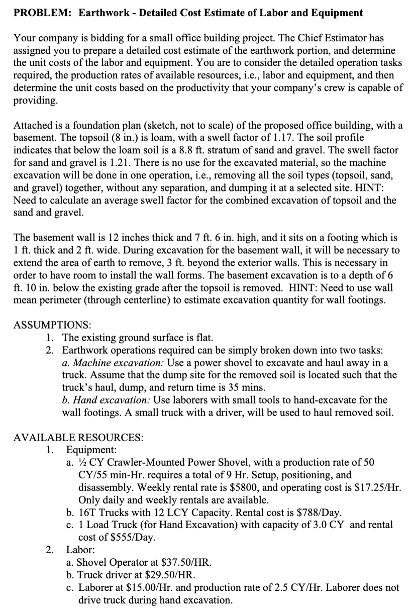 PROBLEM: Earthwork - Detailed Cost Estimate of Labor | Chegg.com