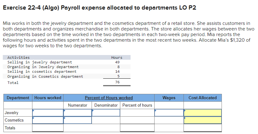 Solved Exercise 22-4 (Algo) Payroll expense allocated to | Chegg.com