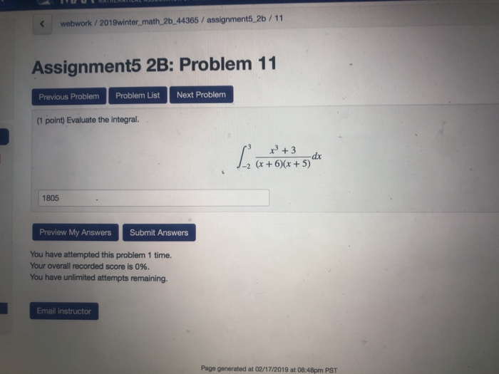 Solved webwork /2019winter math 2b 44365/ assignment5 2b /11 | Chegg.com