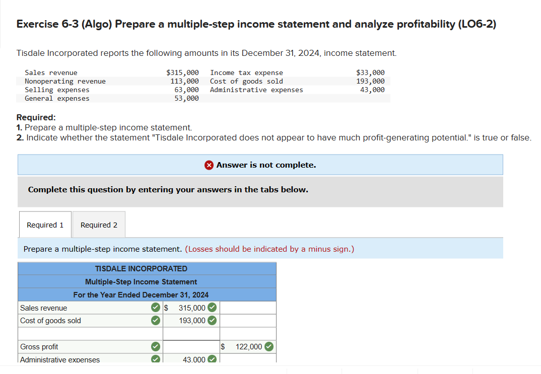 Solved Exercise 6-3 (Algo) Prepare a multiple-step income | Chegg.com