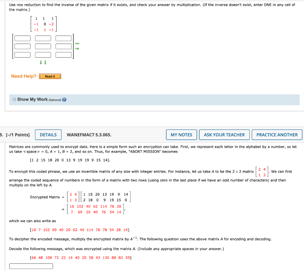 Solved Use row reduction to find the inverse of the given | Chegg.com