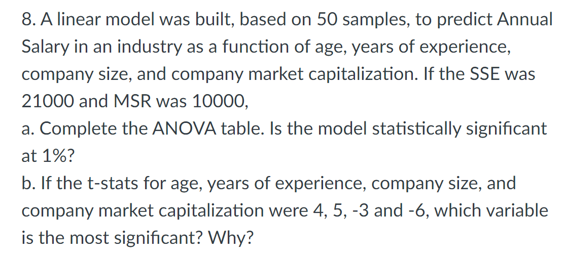 8. A linear model was built, based on 50 samples, to | Chegg.com