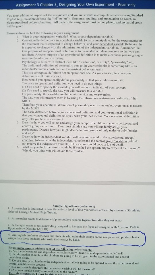 Solved Assignment 3 Chapter 3, Designing Your Own Experiment | Chegg.com