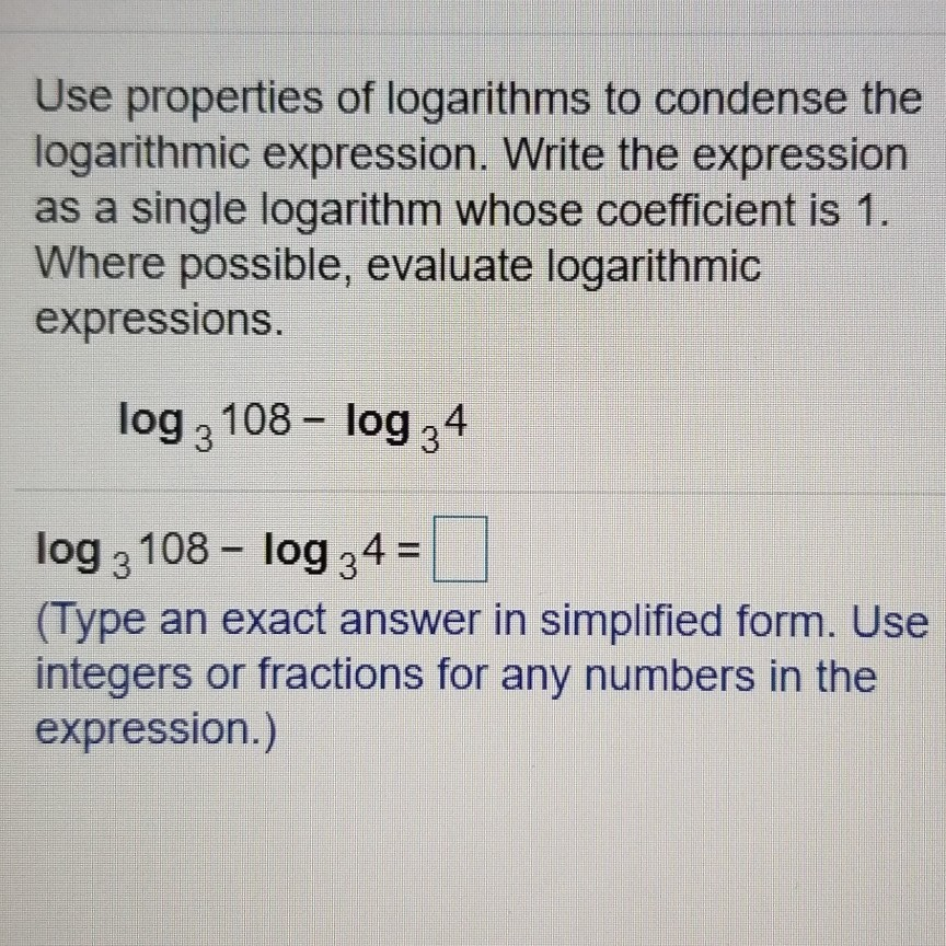 Solved Use properties of logarithms to condense the | Chegg.com