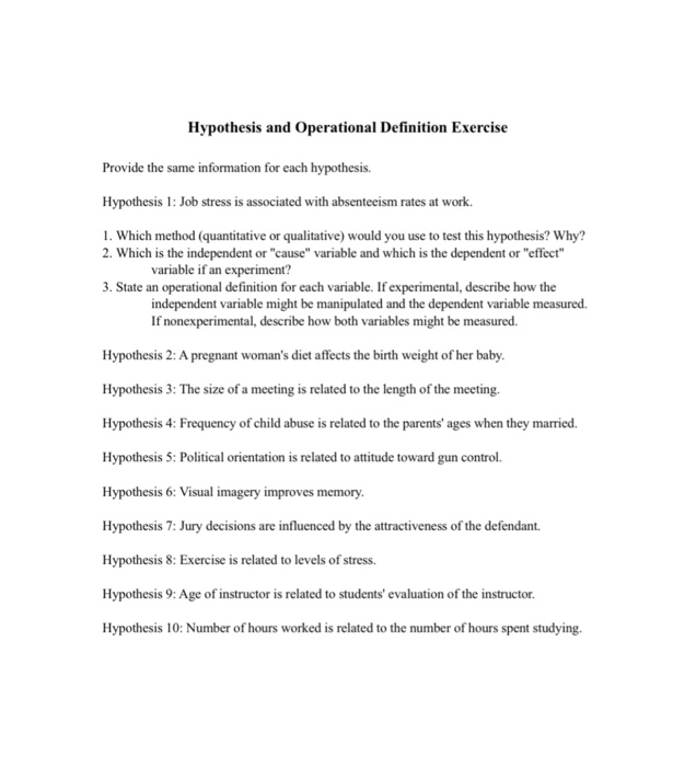 Solved Hypothesis and Operational Definition Exercise | Chegg.com