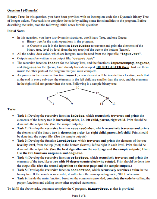 Solved Question 1 (45 marks) Binary Tree: In this question, | Chegg.com