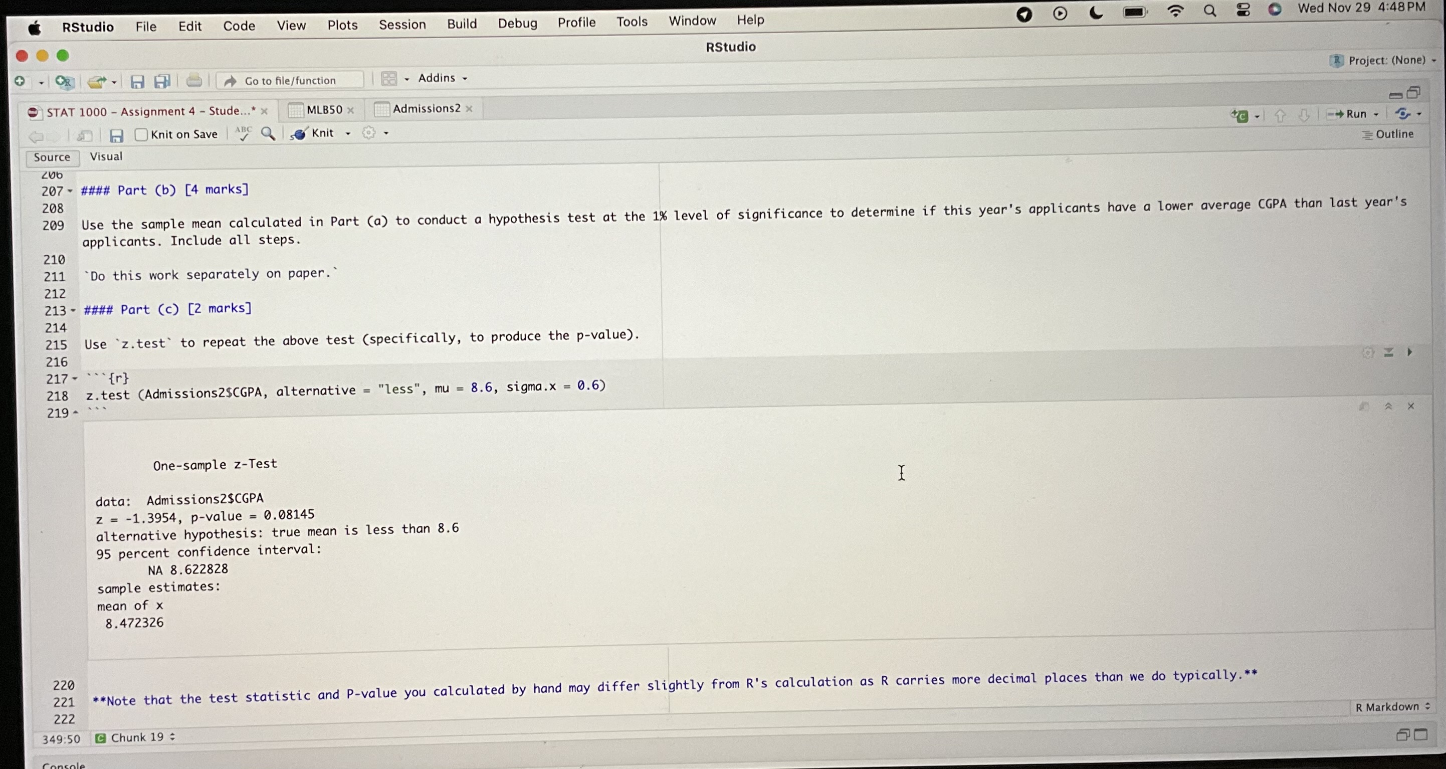 Solved Wed Nov 29 4:48PM RStudio STAT 1000 - Assignment 4 - | Chegg.com