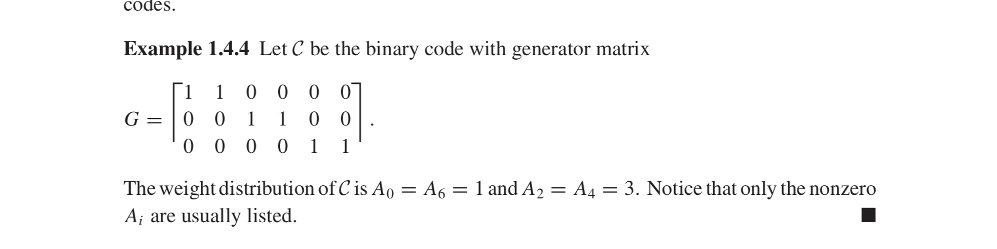 Solved Example 1.4.4 Let C be the binary code with generator | Chegg.com