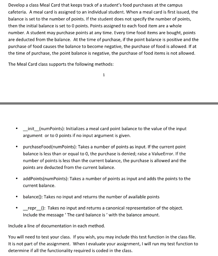 Solved Develop a class Meal Card that keeps track of a | Chegg.com