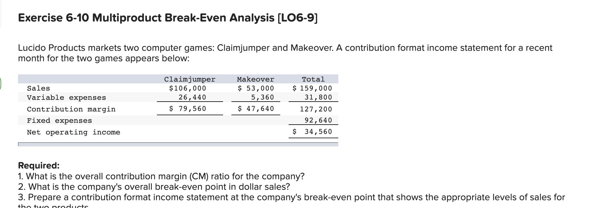 Solved Exercise 6-6 Break-Even Analysis [LO6-5] Mauro | Chegg.com