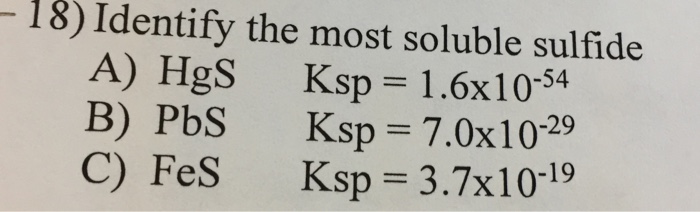 Solved 18) Identify the most soluble sulfide A) HgS Ksp = | Chegg.com